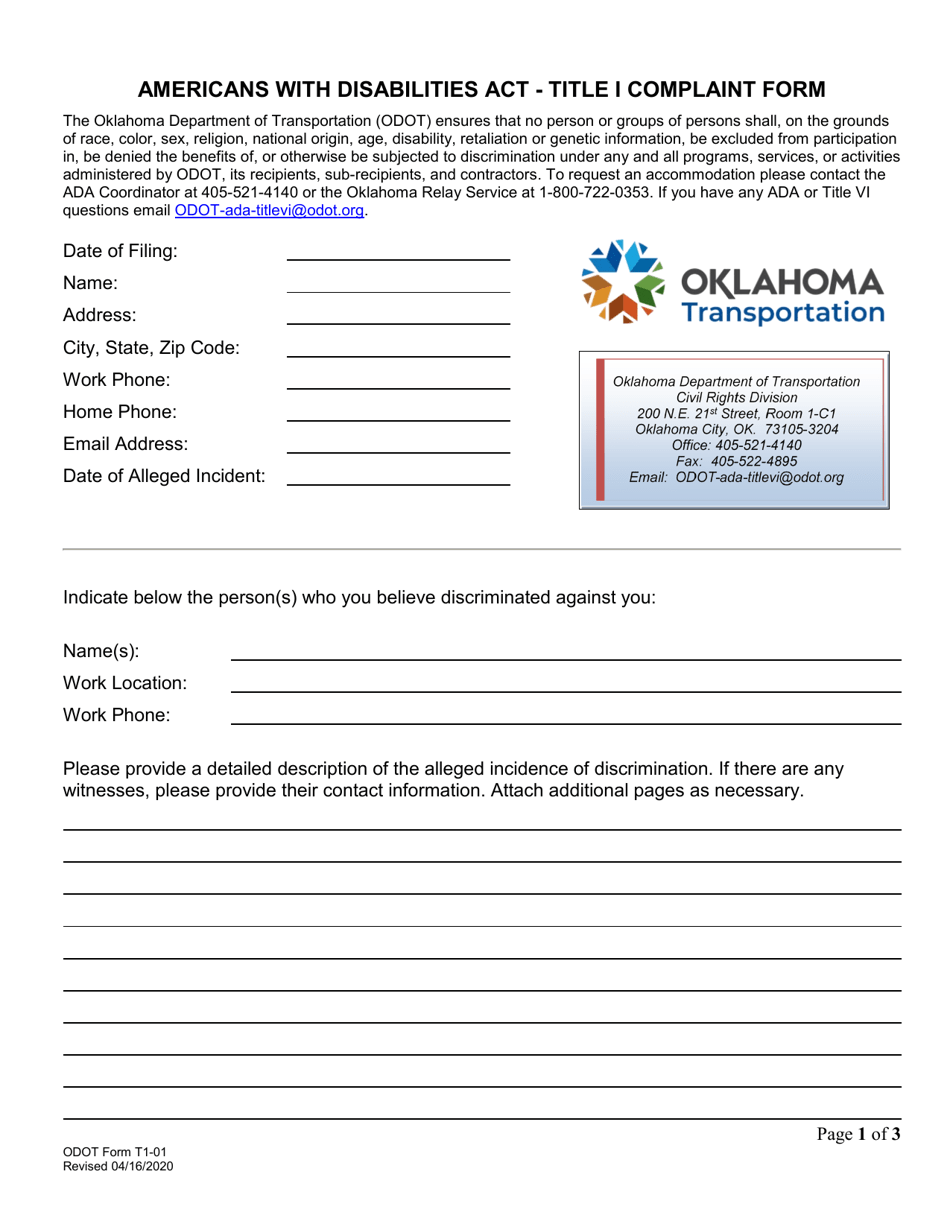 ODOT Form T1-01 - Fill Out, Sign Online and Download Printable PDF ...