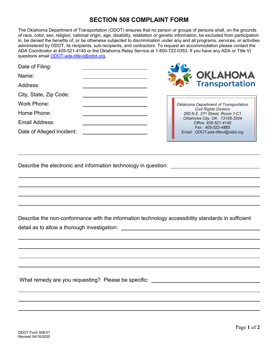 ODOT Form 508-01 - Fill Out, Sign Online and Download Printable PDF ...