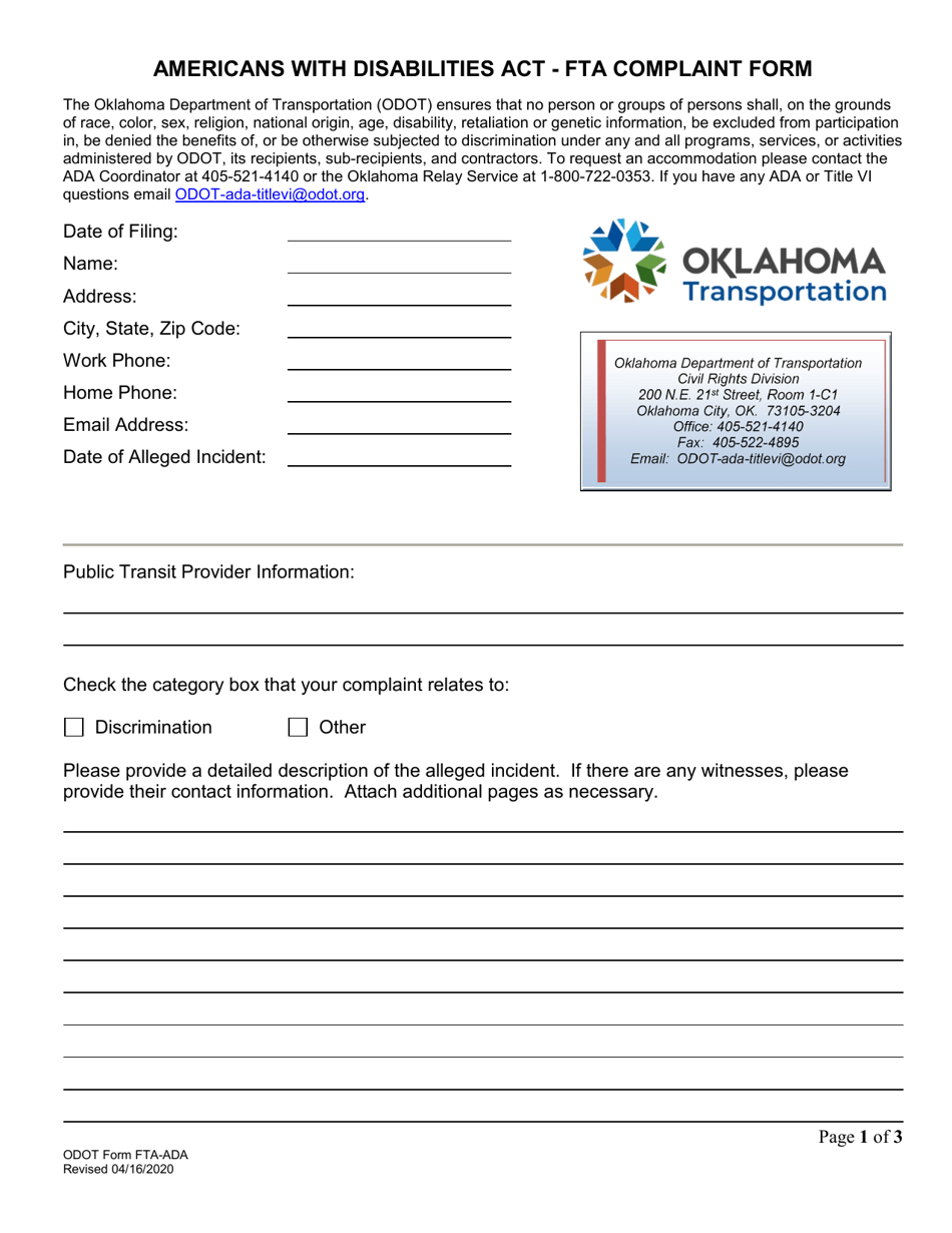 ODOT Form FTA-ADA - Fill Out, Sign Online and Download Printable PDF ...