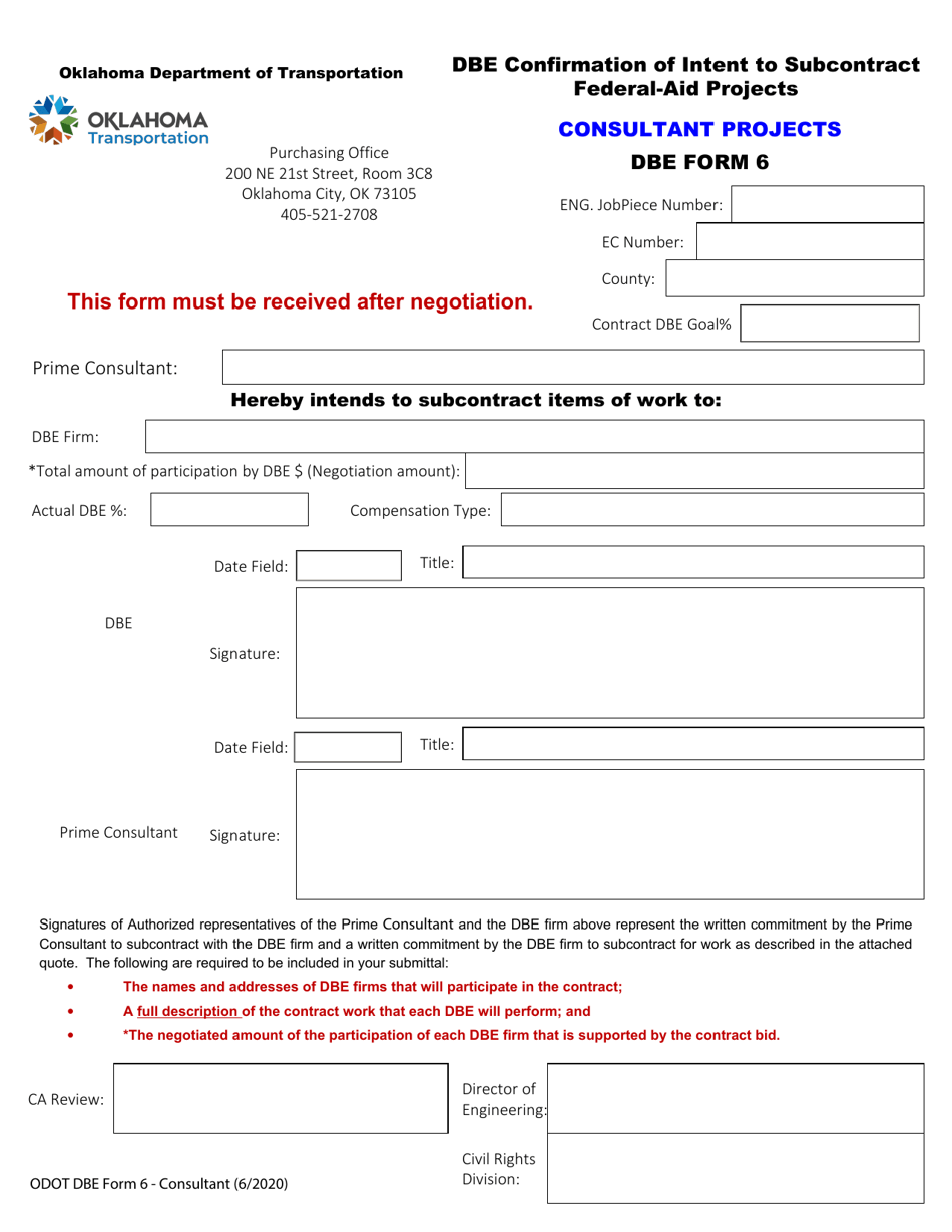 DBE Form 6 - Fill Out, Sign Online and Download Fillable PDF, Oklahoma ...
