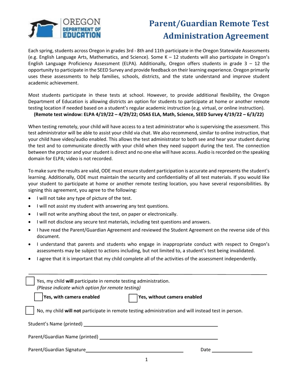 Oregon Parent/Guardian Remote Test Administration Agreement - Fill Out ...