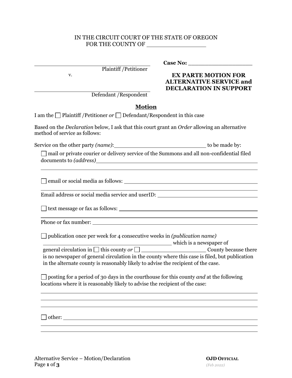 Oregon Ex Parte Motion for Alternative Service and Declaration in ...