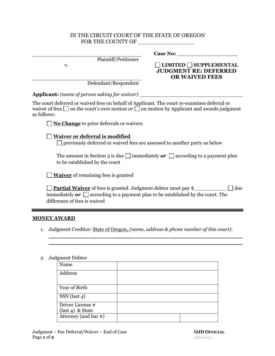 Oregon Limited or Supplemental Judgment Re: Deferred or Waived Fees ...
