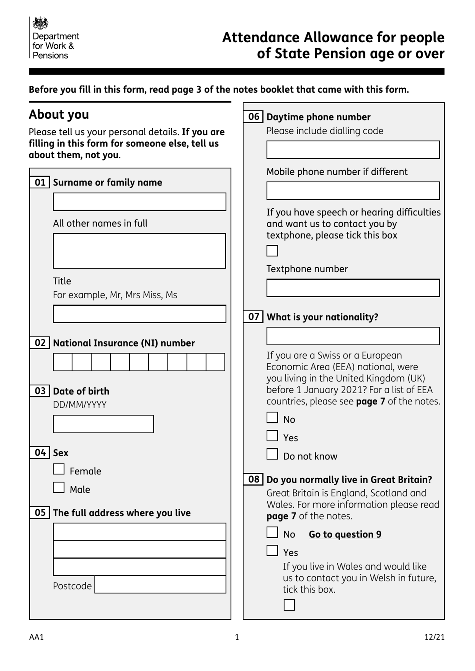 Form AA1 - Fill Out, Sign Online and Download Fillable PDF, United Kingdom | Templateroller