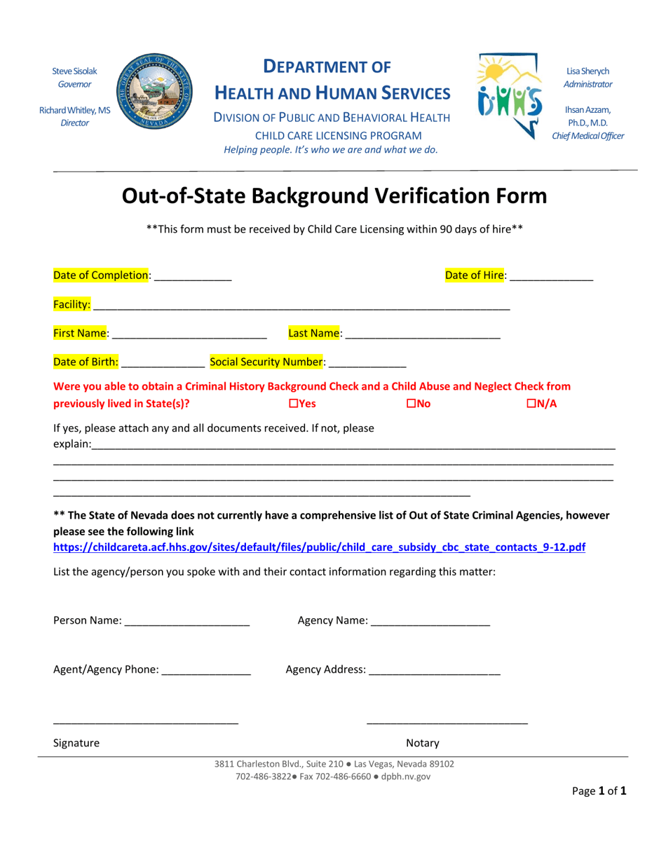 Nevada Out-of-State Background Verification Form - Fill Out, Sign ...