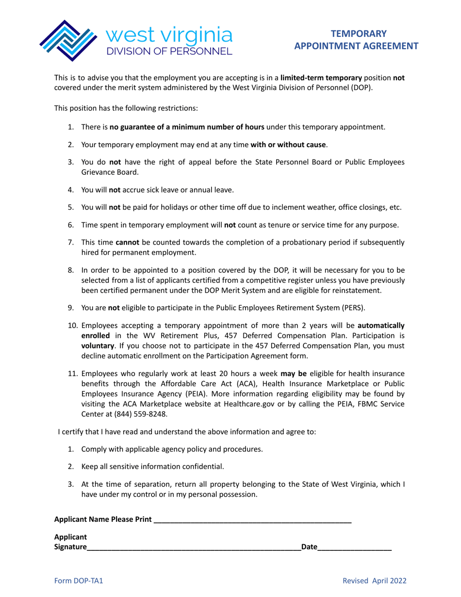 Form DOP-TA1 - Fill Out, Sign Online and Download Printable PDF, West ...