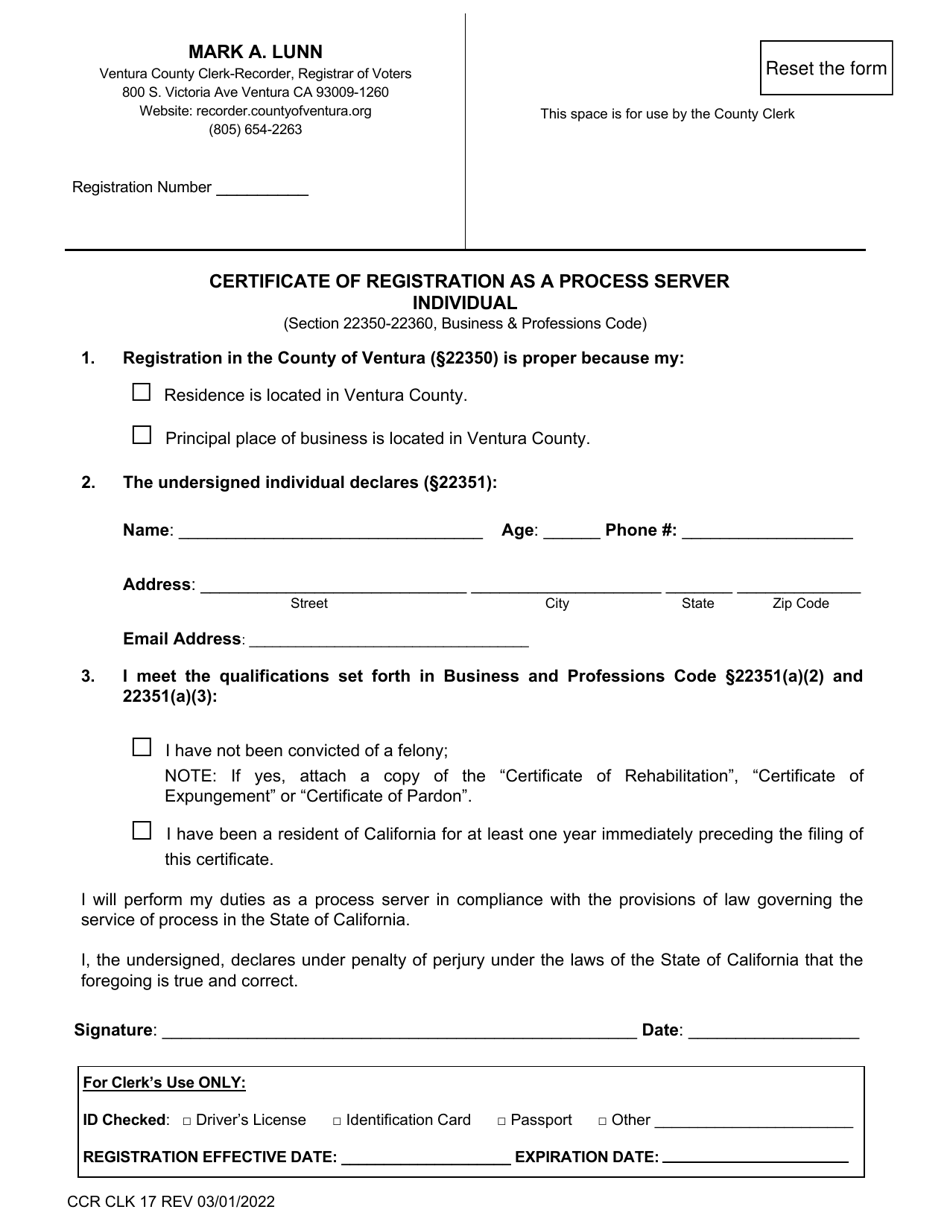 Form CCR CLK17 - Fill Out, Sign Online and Download Fillable PDF, Ventura County, California ...