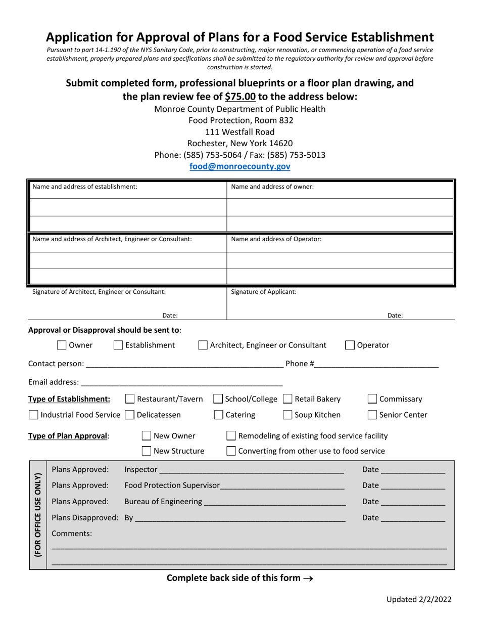 Monroe County, New York Application for Approval of Plans for a Food ...