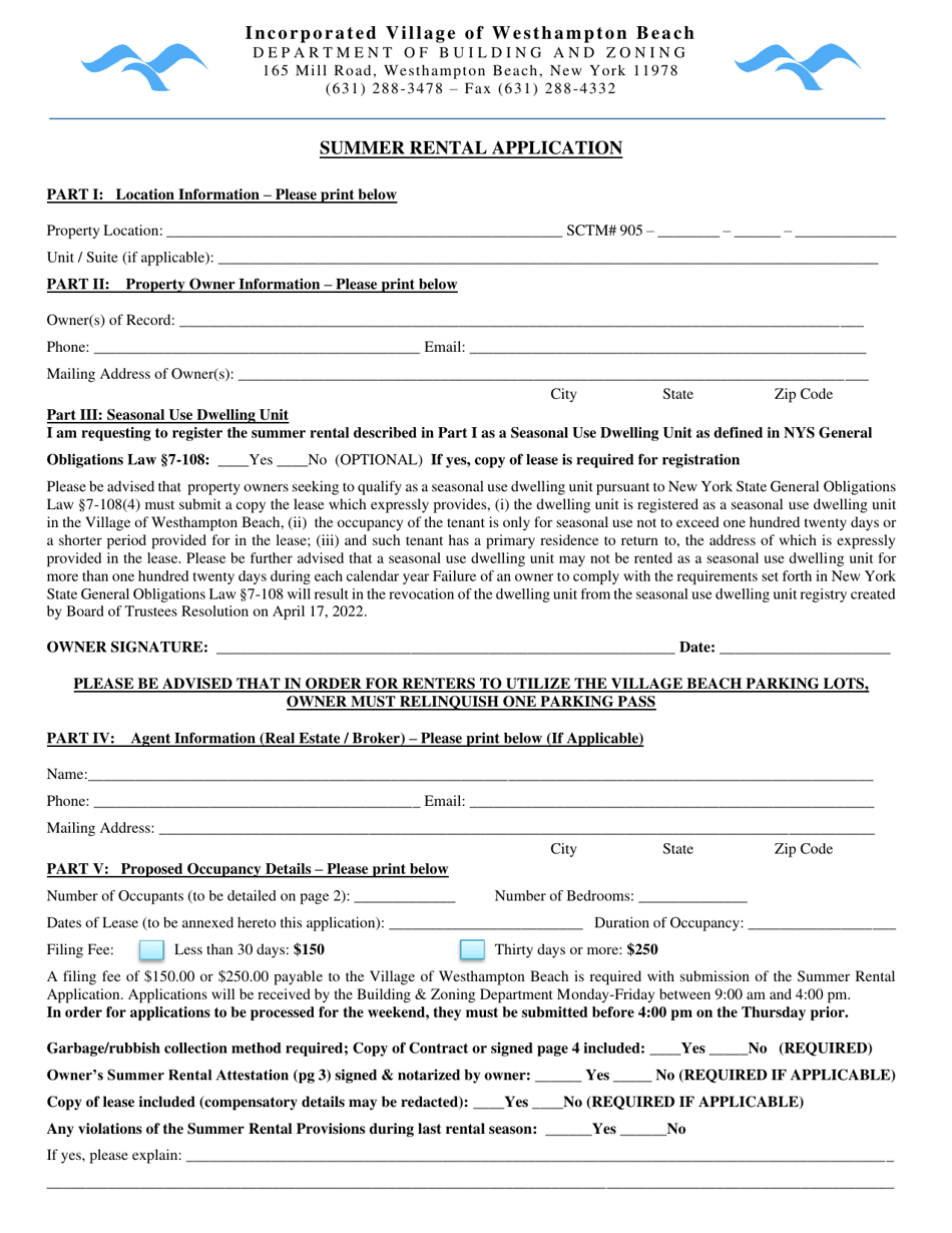 Westhampton Beach, New York Summer Rental Application - Fill Out, Sign ...