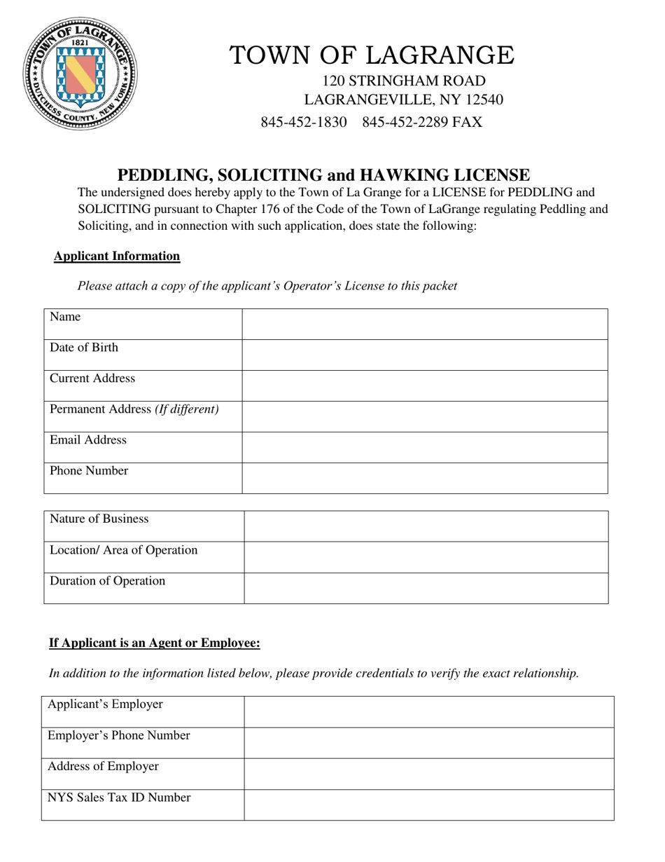 Town of LaGrange, New York Application for Peddling, Soliciting and ...