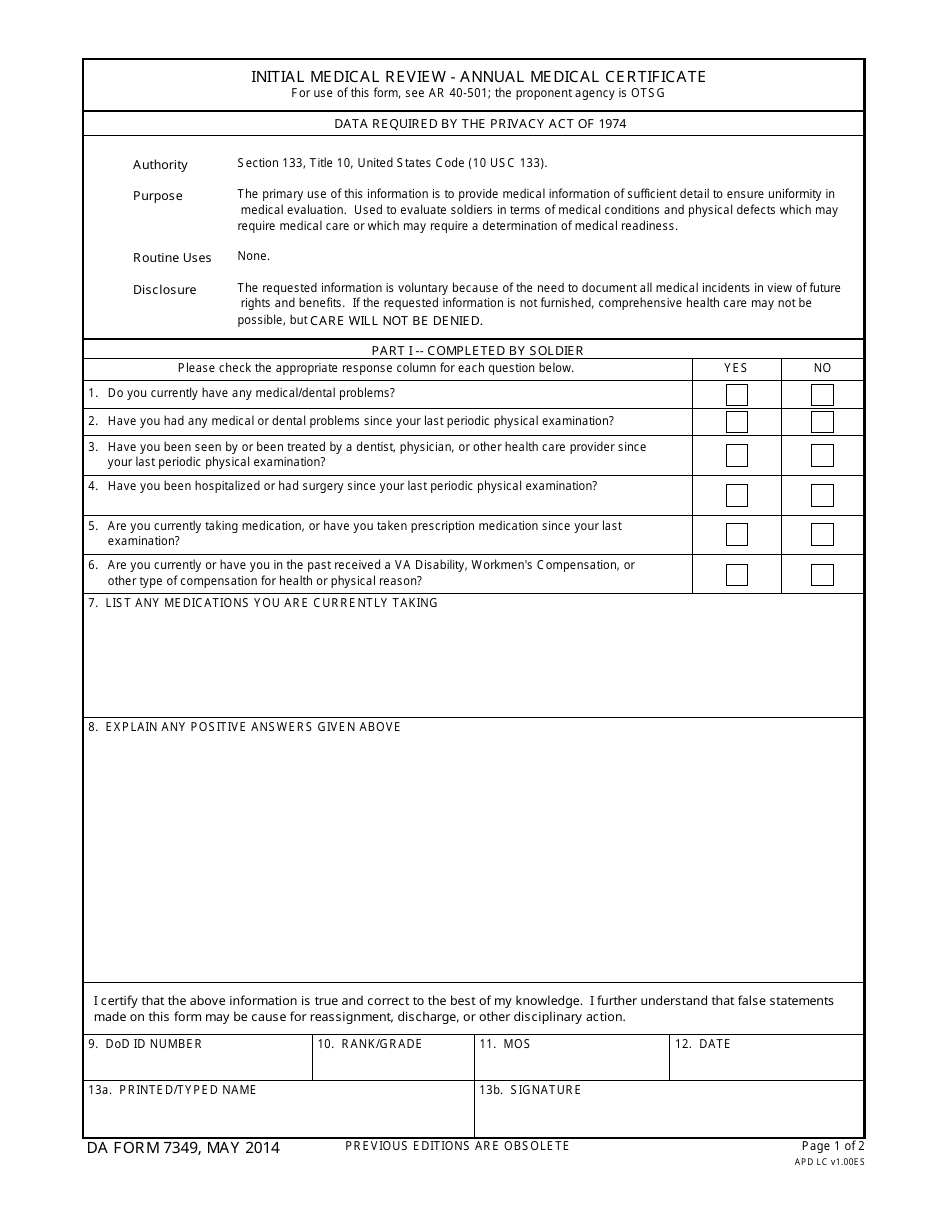 DA Form 7349 - Fill Out, Sign Online and Download Fillable PDF ...