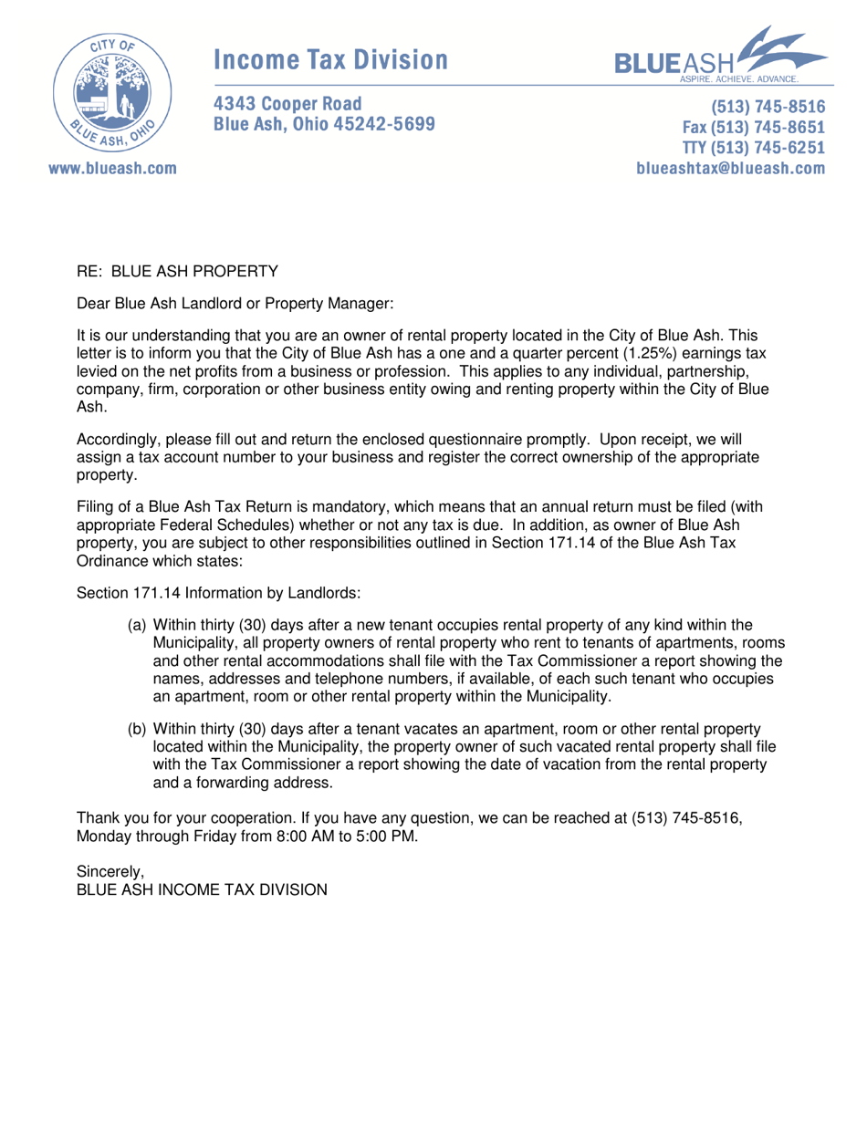 City of Blue Ash, Ohio City of Blue Ash Landlord Questionnaire - Fill ...