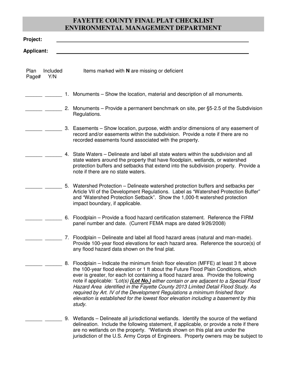 Fayette County, Georgia (United States) Final Plat Checklist - Fill Out ...