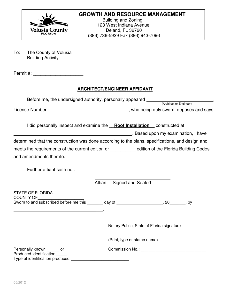 Florida Architect/Engineer Affidavit - Roof Installation - Fill Out, Sign Online and Download ...