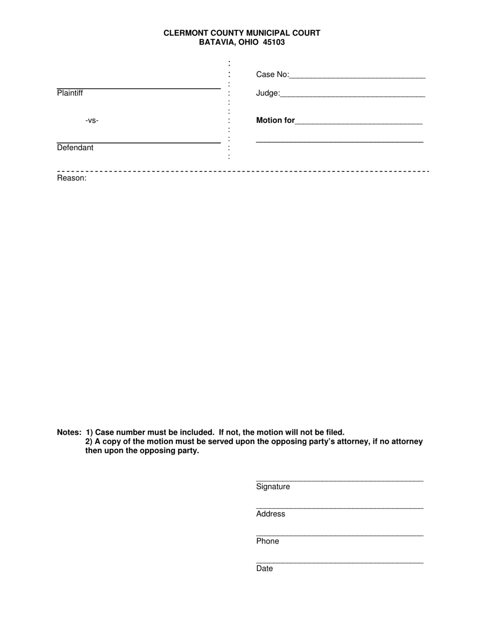 Clermont County, Ohio Civil Motion - Fill Out, Sign Online and Download ...