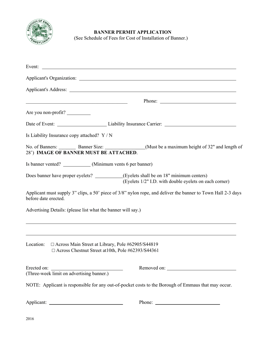 Borough of Emmaus, Pennsylvania Banner Permit Application - Fill Out ...