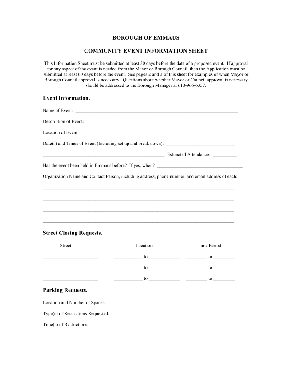 Borough of Emmaus, Pennsylvania Community Event Information Sheet ...