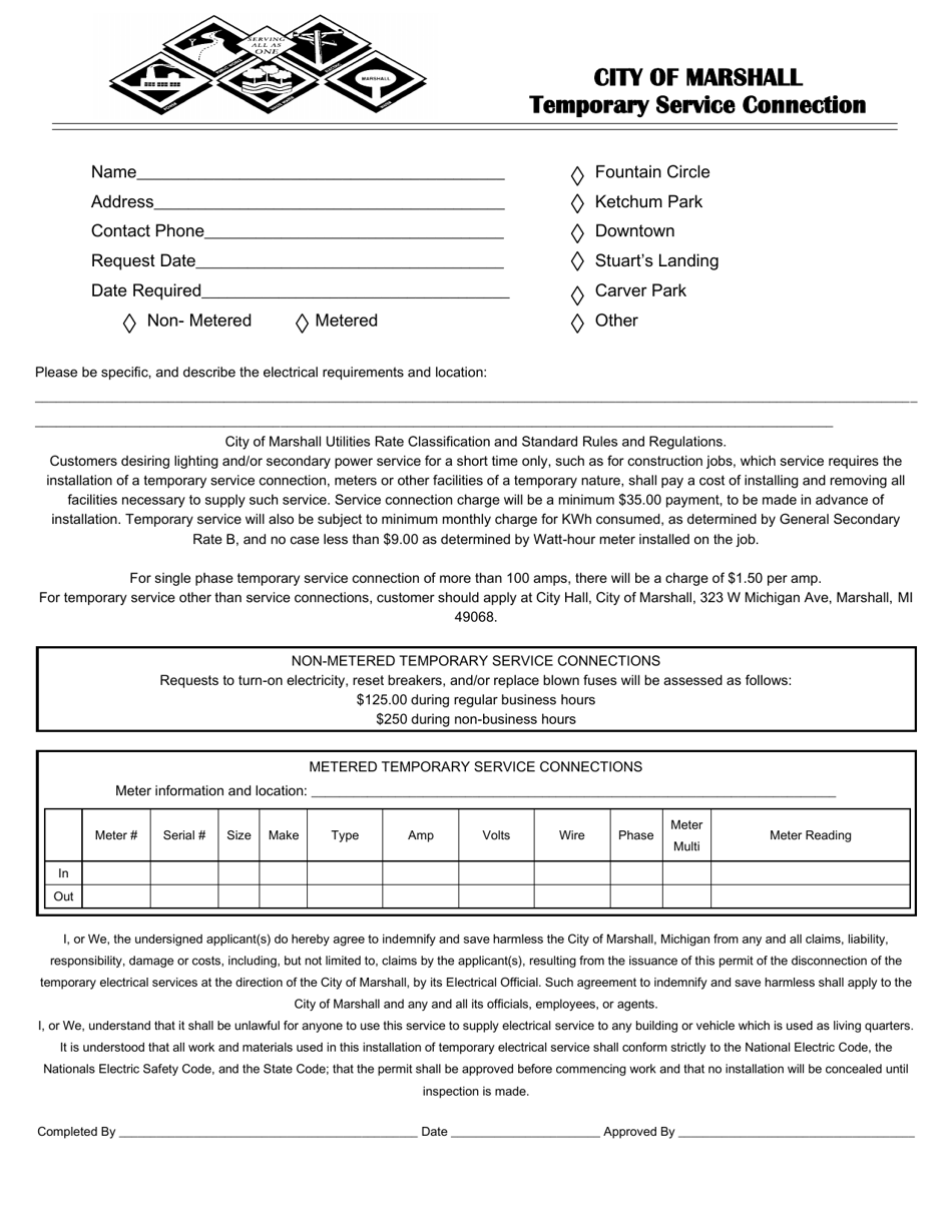 City of Marshall, Michigan Temporary Service Connection - Fill Out ...