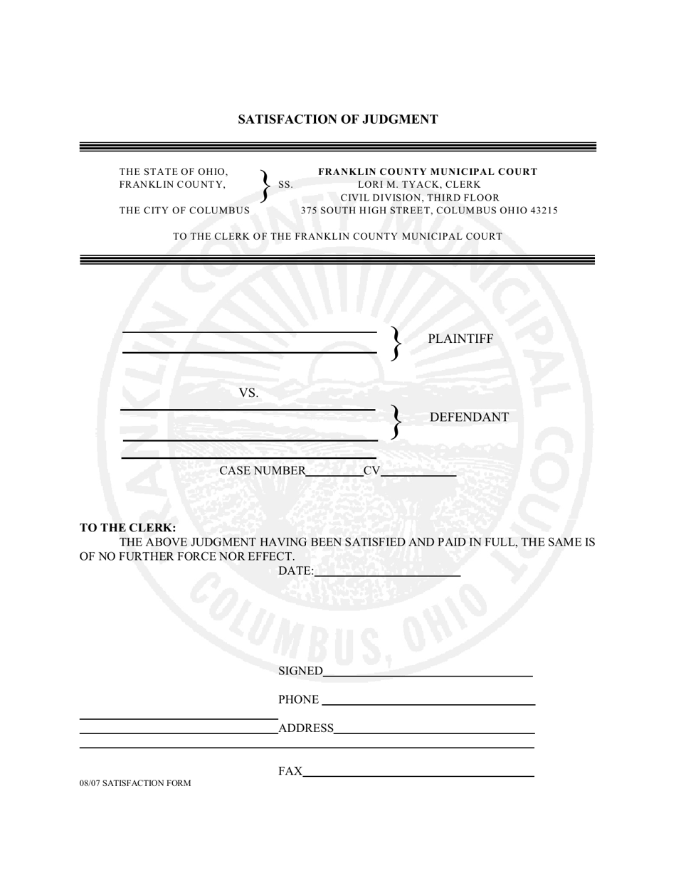 Franklin County, Ohio Satisfaction of Judgment - Fill Out, Sign Online and Download PDF ...