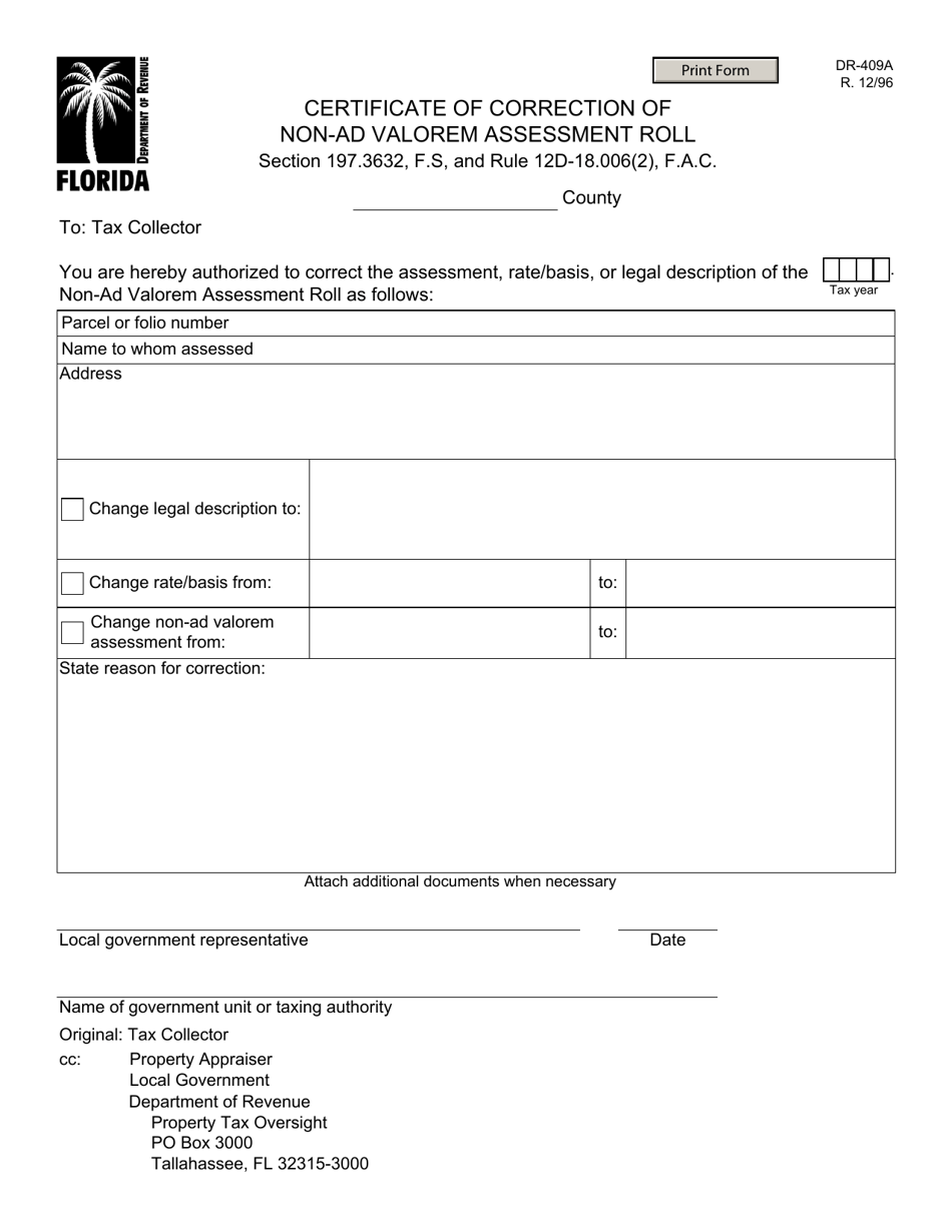 Form DR-409A - Fill Out, Sign Online and Download Fillable PDF, Florida ...