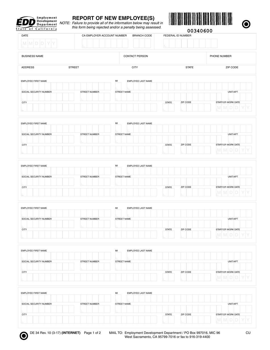 Form DE34 - Fill Out, Sign Online and Download Fillable PDF, California ...