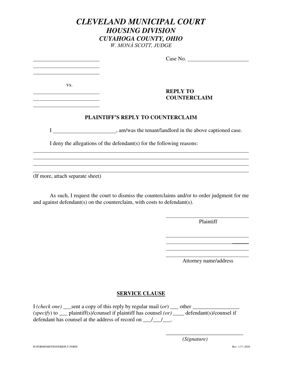 Cuyahoga County, Ohio Plaintiff's Reply to Counterclaim - Fill Out ...