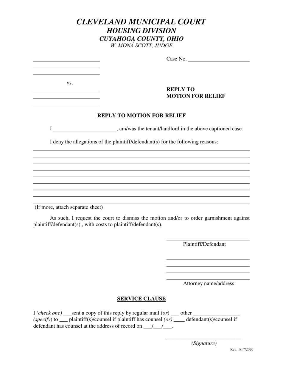 Cuyahoga County, Ohio Reply to Motion for Relief - Fill Out, Sign ...