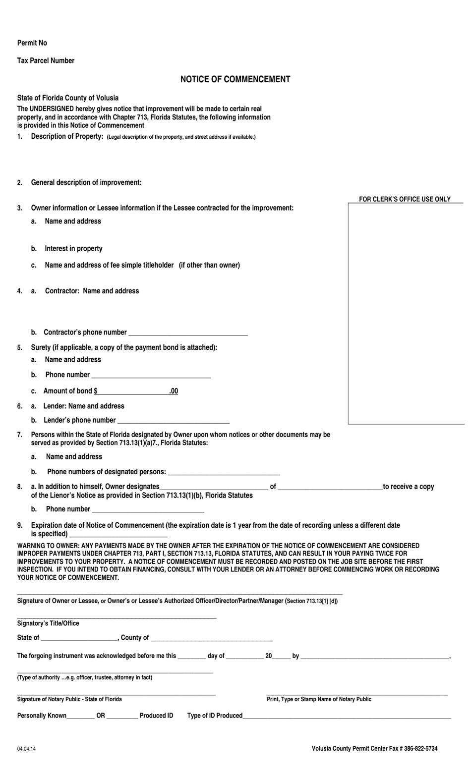 Volusia County, Florida Notice of Commencement - Fill Out, Sign Online and Download PDF ...