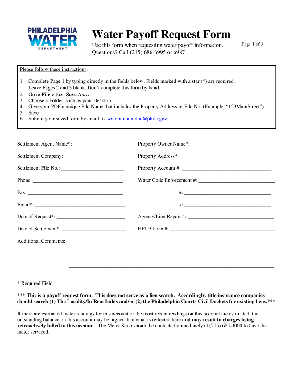 City of Philadelphia, Pennsylvania Water Payoff Request Form - Fill Out ...