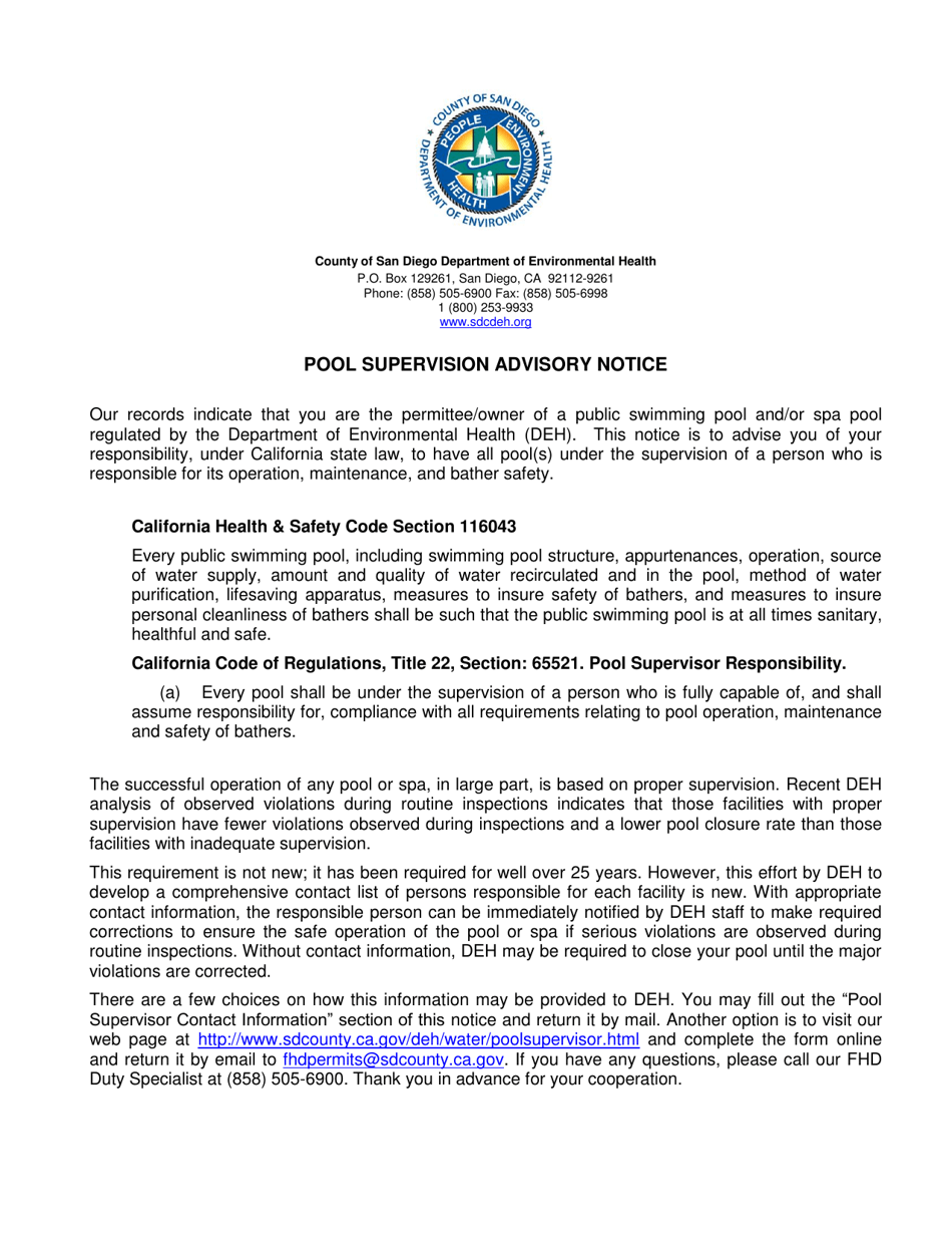 County of San Diego, California Pool Supervision Advisory Notice - Fill ...