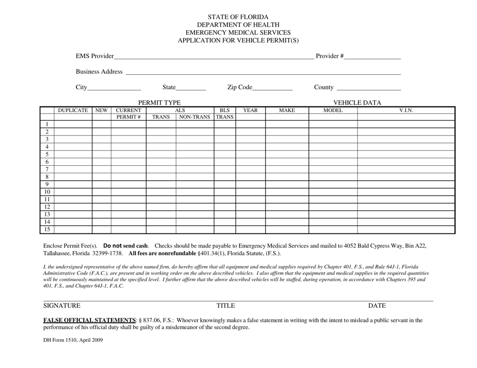 DH Form 1510 - Fill Out, Sign Online and Download Fillable PDF, Florida ...
