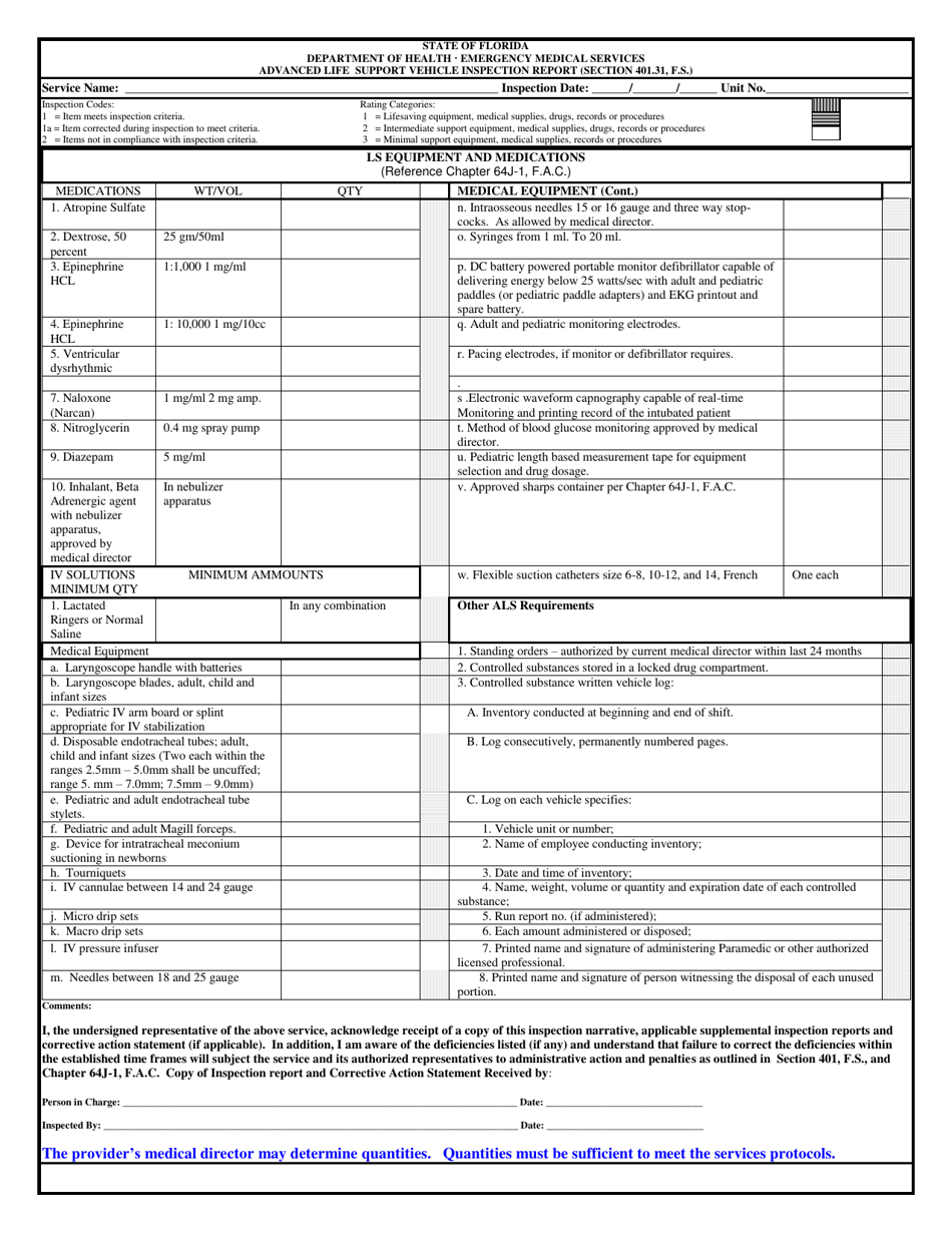 Florida Advanced Life Support Vehicle Inspection Report - Emergency ...