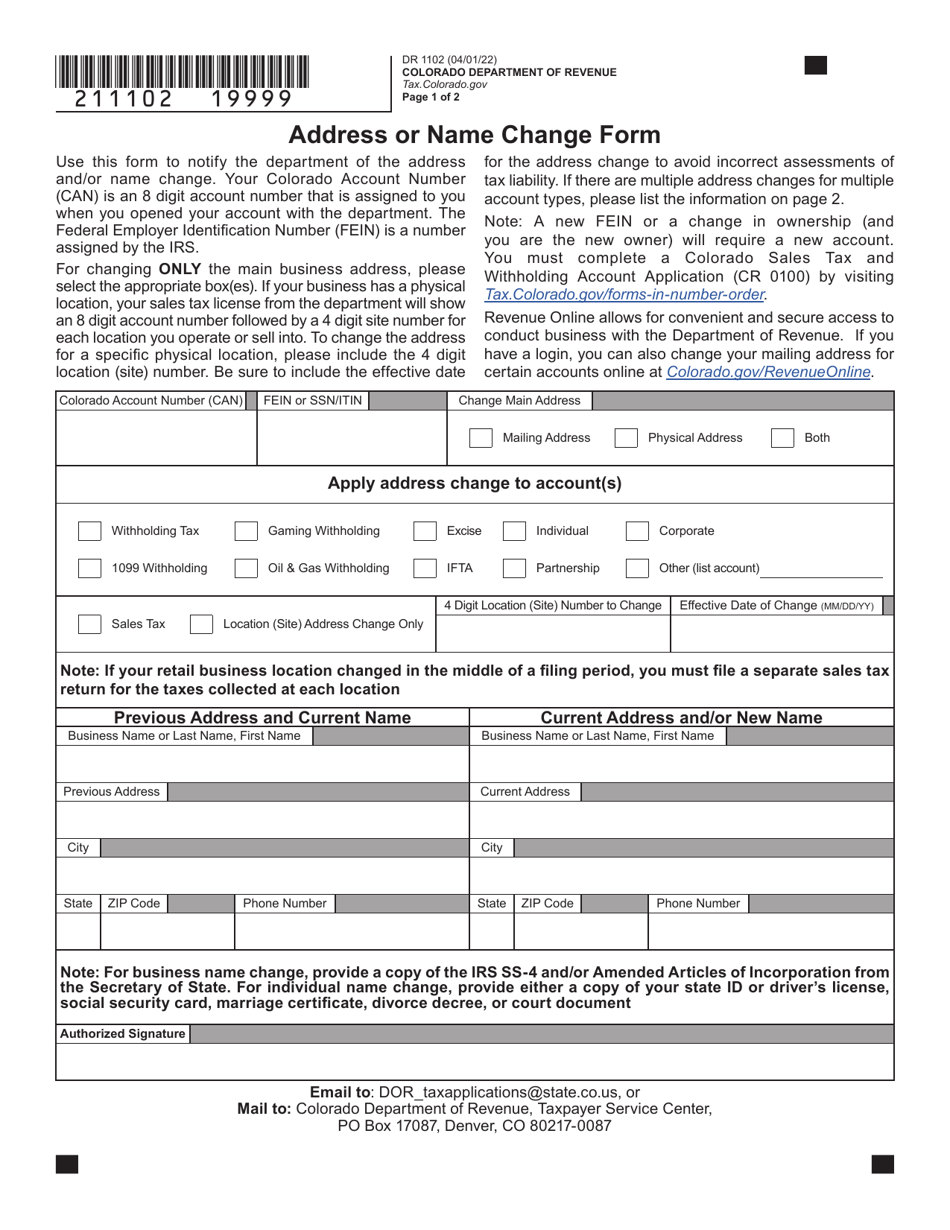 Form DR1102 - Fill Out, Sign Online and Download Fillable PDF, Colorado ...