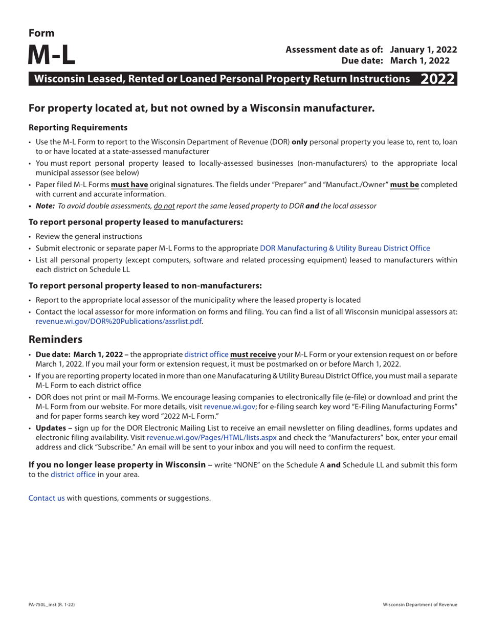 Download Instructions for Form M-L, PA-750L Wisconsin Leased, Rented or ...