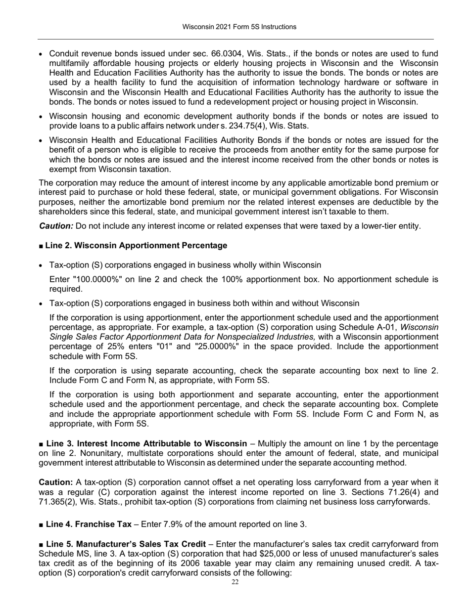 Download Instructions for Form 5S, IC-049 Wisconsin Tax-Option (S ...