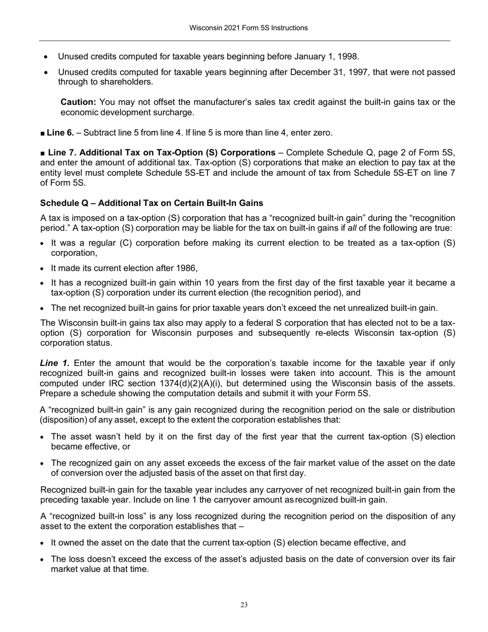 Download Instructions for Form 5S, IC-049 Wisconsin Tax-Option (S ...