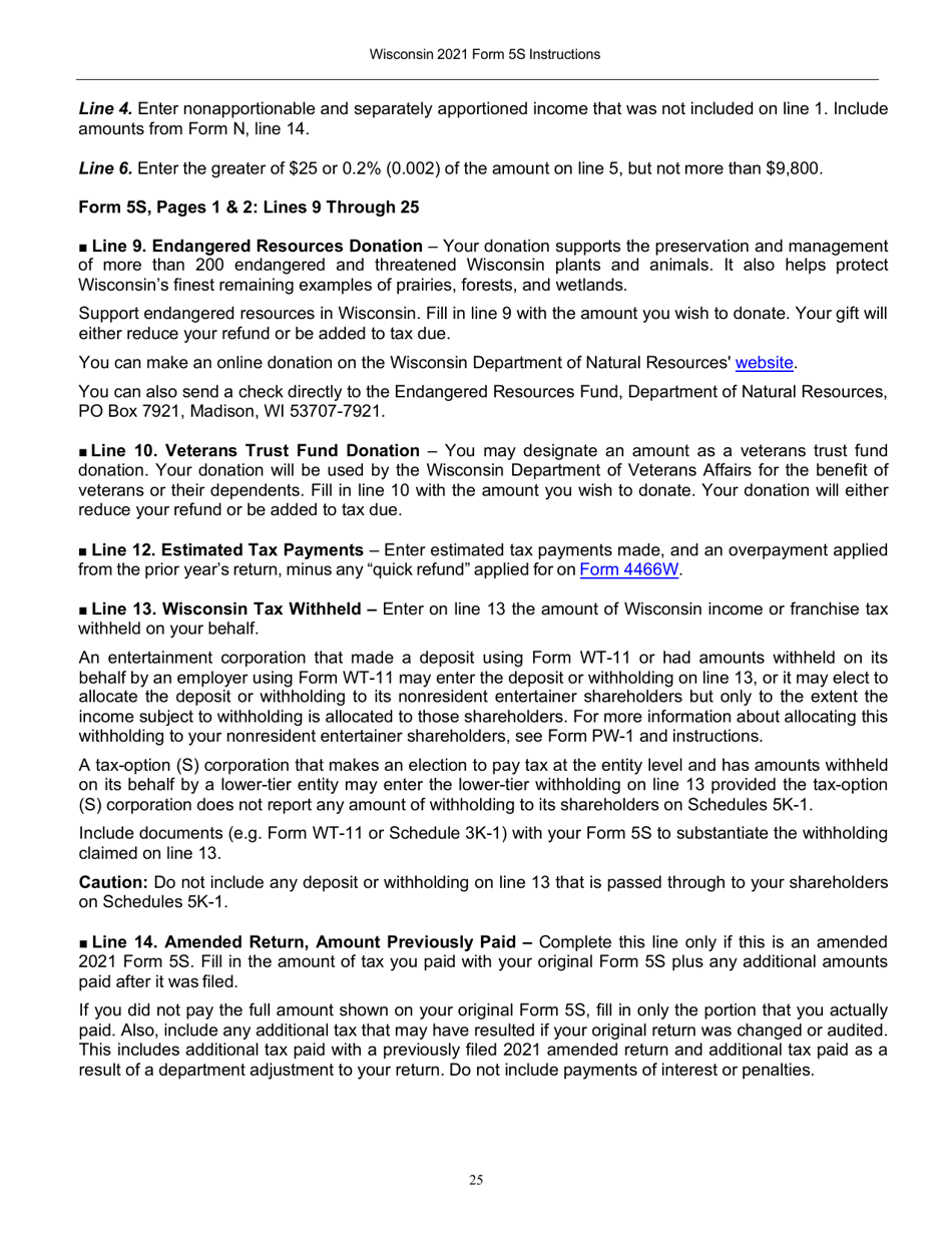 Download Instructions for Form 5S, IC-049 Wisconsin Tax-Option (S ...