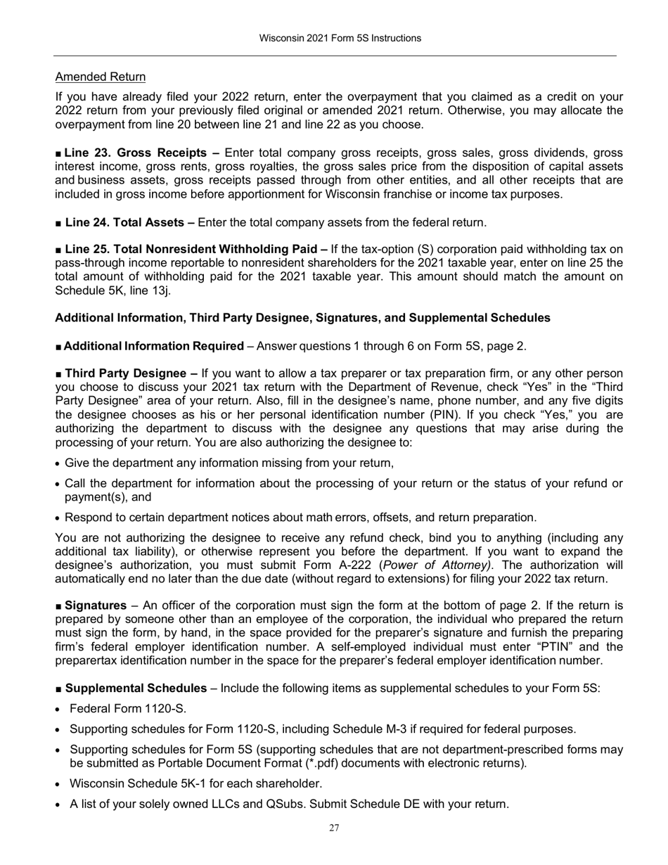 Download Instructions for Form 5S, IC-049 Wisconsin Tax-Option (S ...