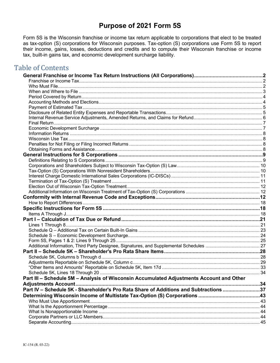 Download Instructions for Form 5S, IC-049 Wisconsin Tax-Option (S ...