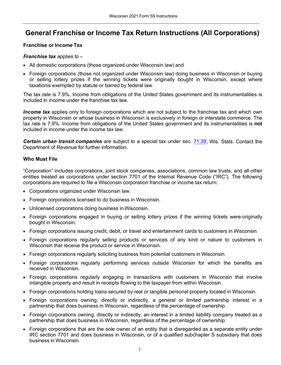 Download Instructions for Form 5S, IC-049 Wisconsin Tax-Option (S ...