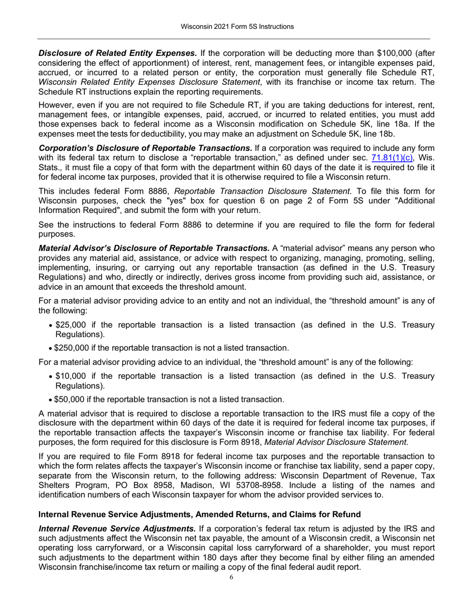 Download Instructions for Form 5S, IC-049 Wisconsin Tax-Option (S ...