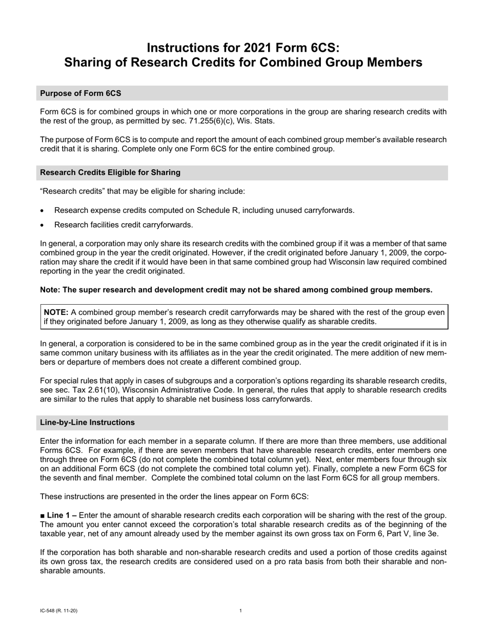 Download Instructions for Form 6CS, IC-448 Wisconsin Sharing of ...