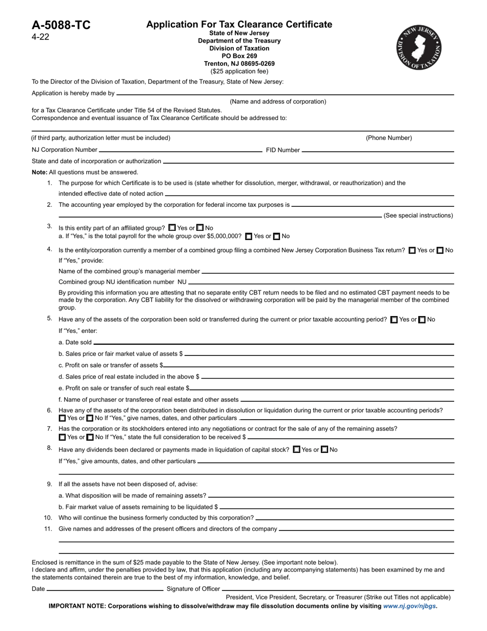 Form A-5088-TC Download Fillable PDF or Fill Online Application for Tax Clearance Certificate ...