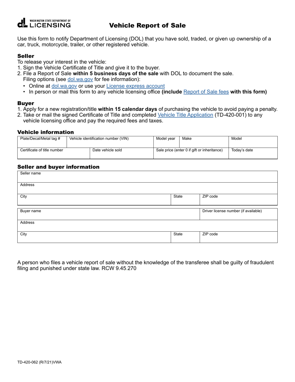 Form TD-420-062 Download Fillable PDF or Fill Online Vehicle Report of ...