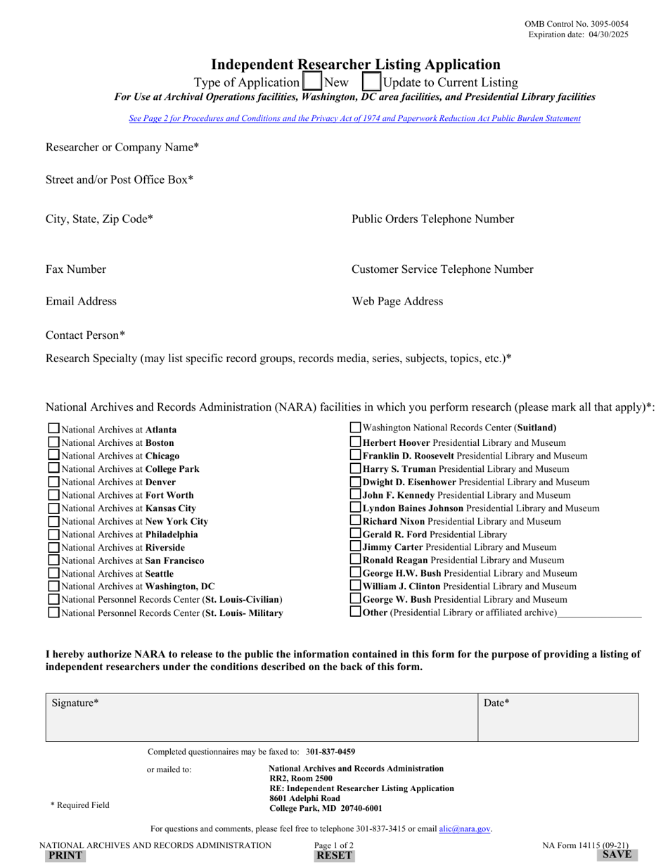 NA Form 14115 Download Fillable PDF or Fill Online Independent ...