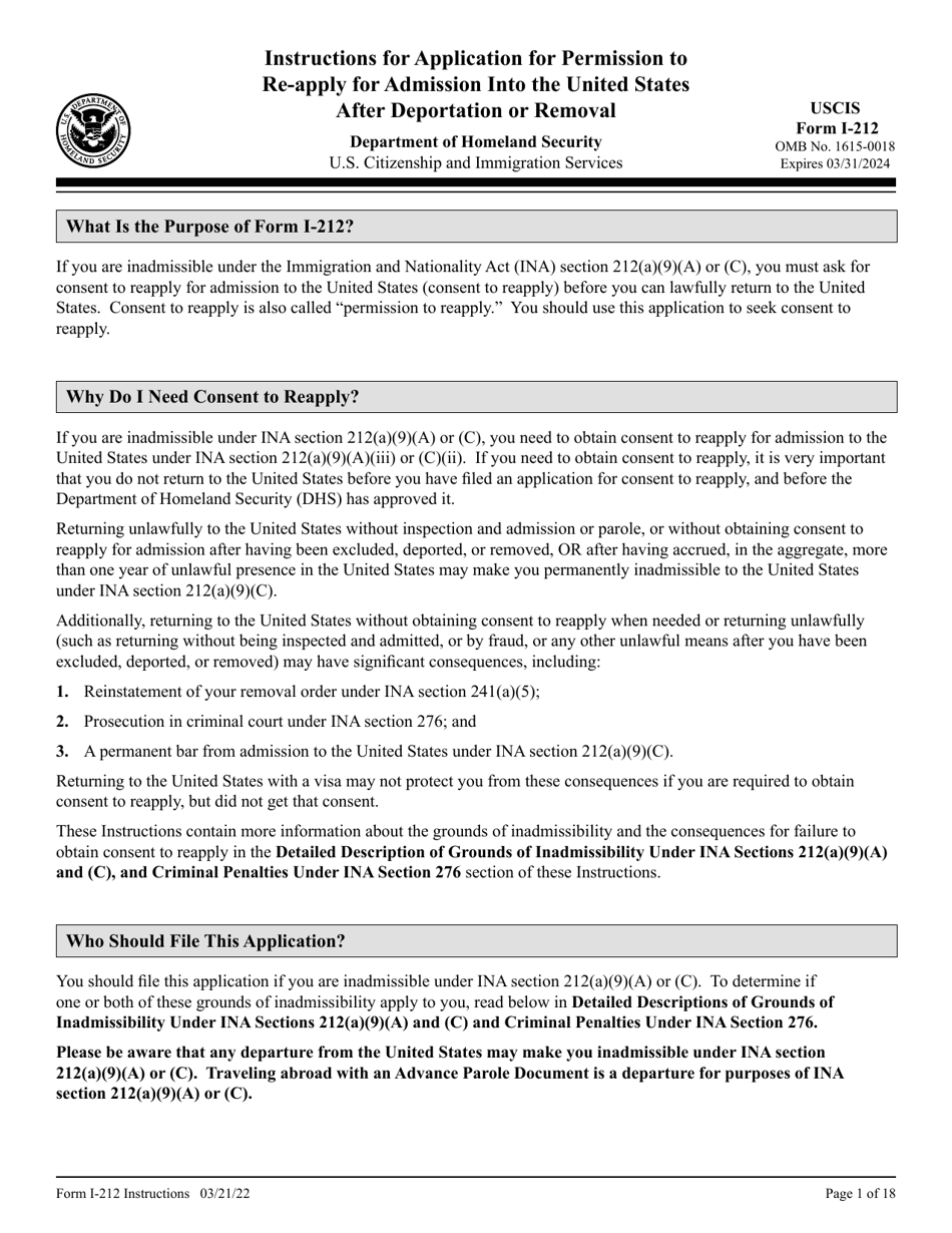 Download Instructions for USCIS Form I-212 Application for Permission ...