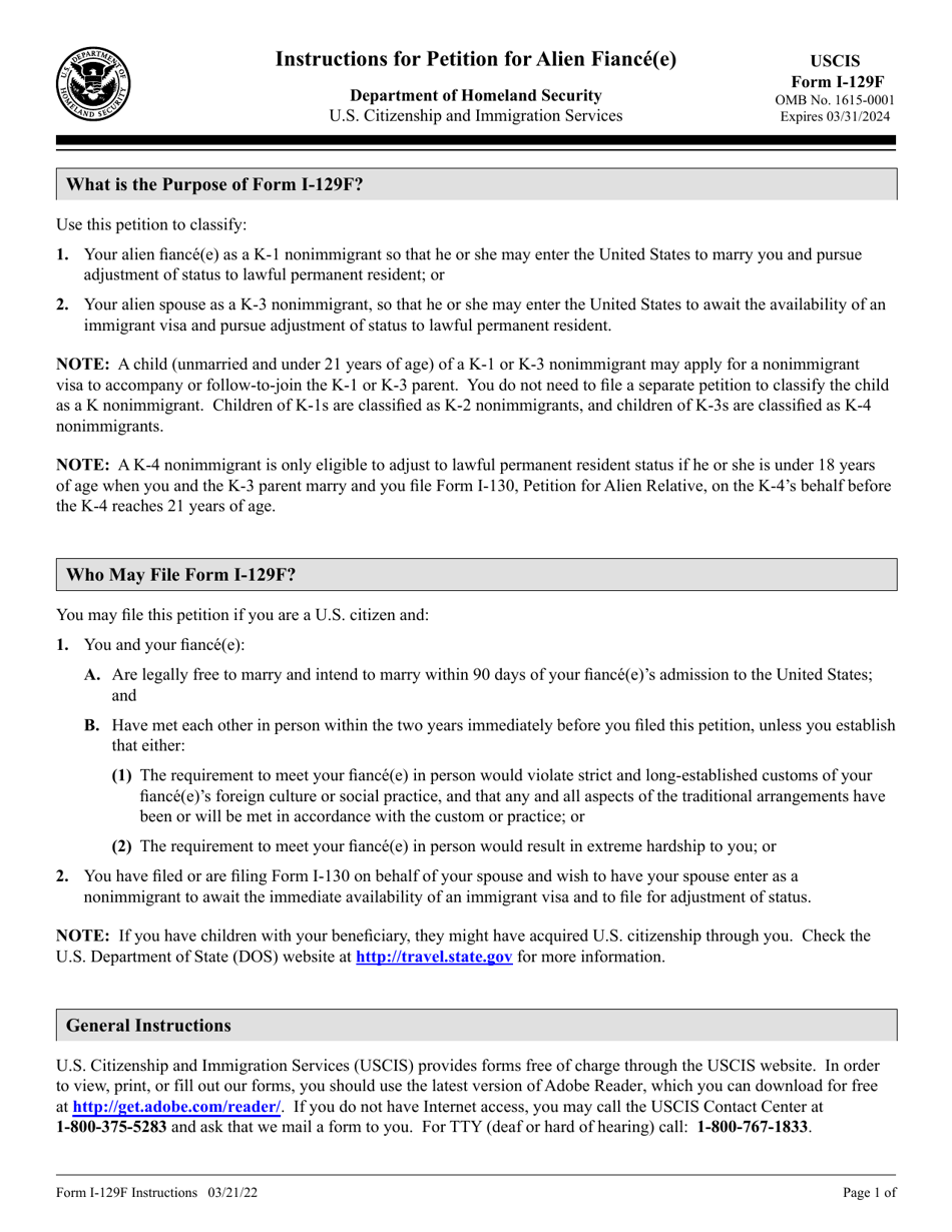 Download Instructions for USCIS Form I-129F Petition for Alien Fiance(E ...