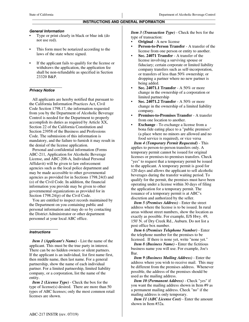 Download Instructions for Form ABC-217 Application Questionnaire PDF ...