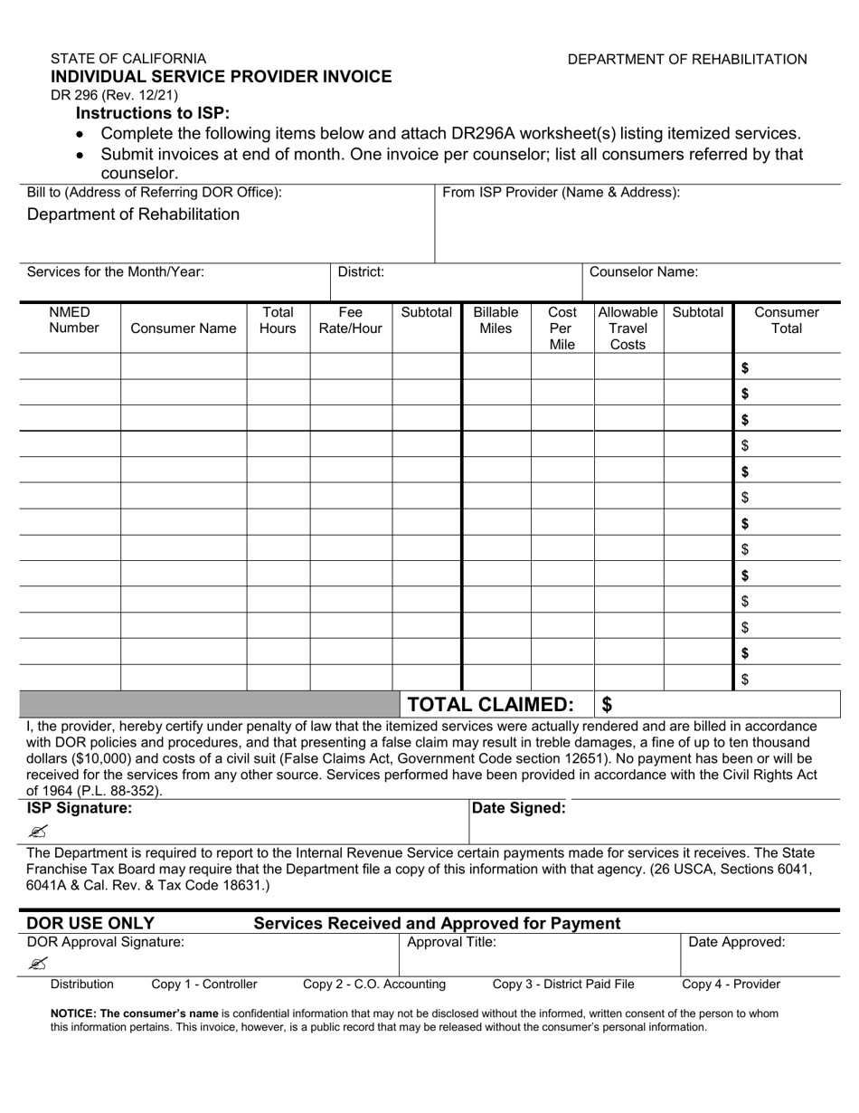 Form DR296 - Fill Out, Sign Online and Download Fillable PDF ...