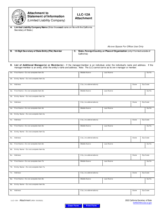 Form LLC-12A Download Fillable PDF or Fill Online Attachment to ...